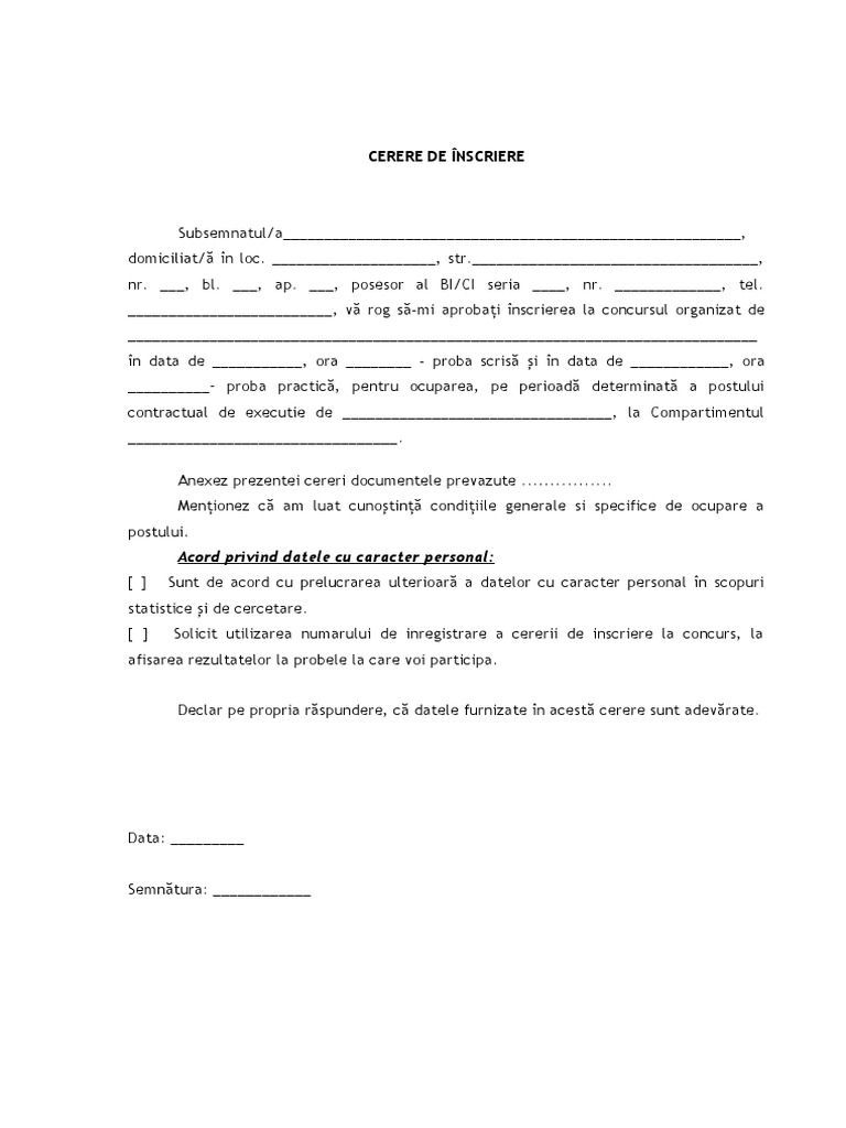 Cerere Înscriere Concurs Post | PDF