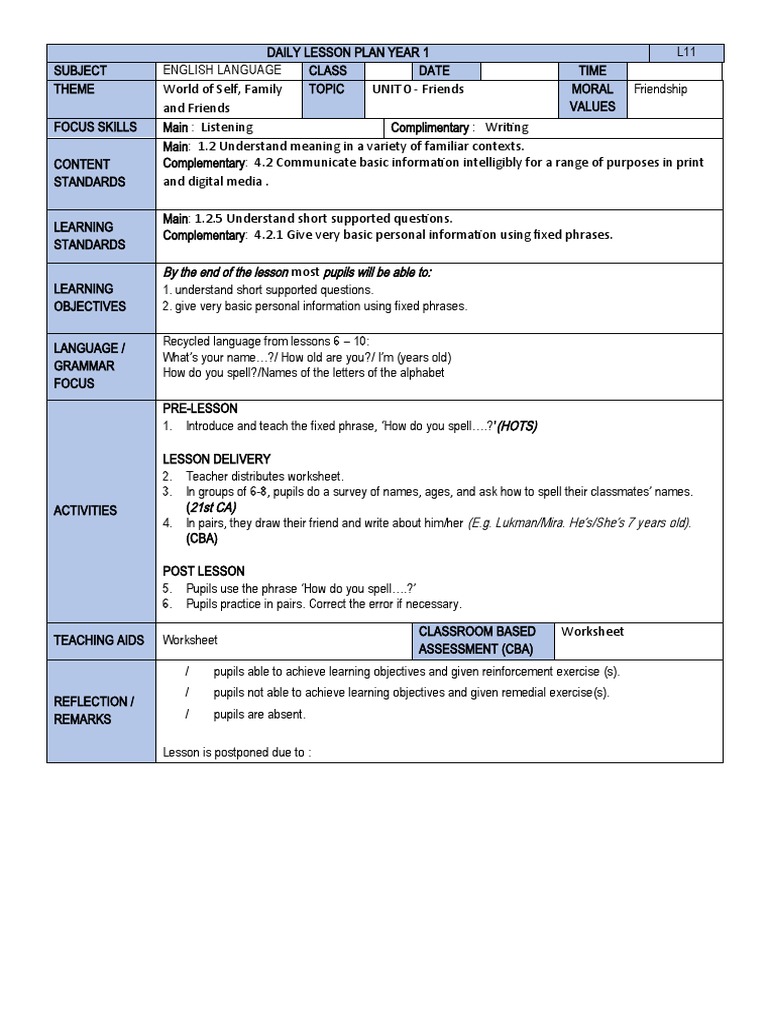 RPH BI D1 Friends (L11-L15) | PDF | Teachers | Lesson Plan