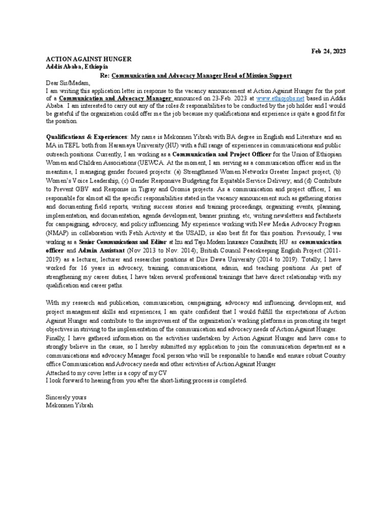 Action Against Hunger (Cover Letter) | PDF