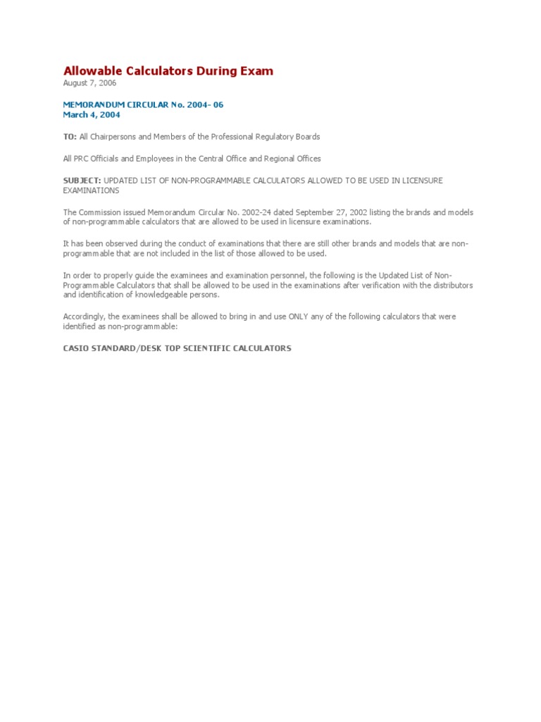 Allowable Calculators During Exam | PDF | Consumer Electronics | Office Equipment
