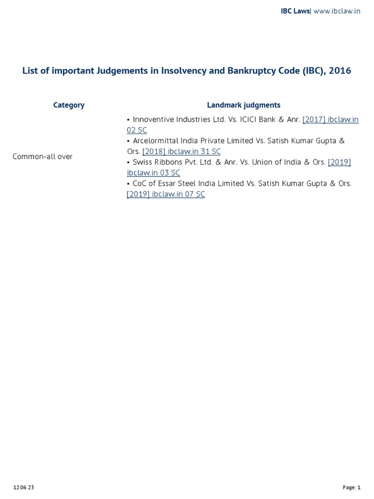 Key IBC Judgments Overview | PDF | Bankruptcy | Judgment (Law)