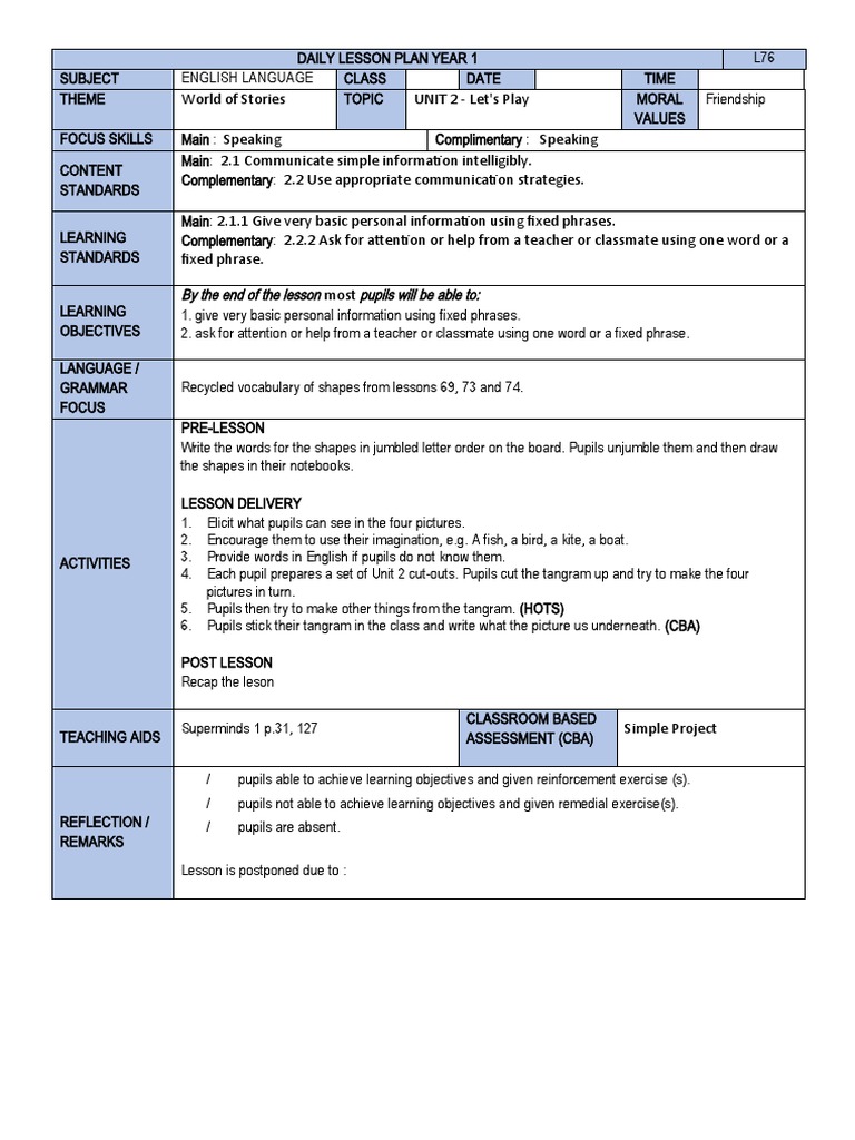 Year 1 English Lesson Plan: Let's Play | PDF | Lesson Plan | Teachers