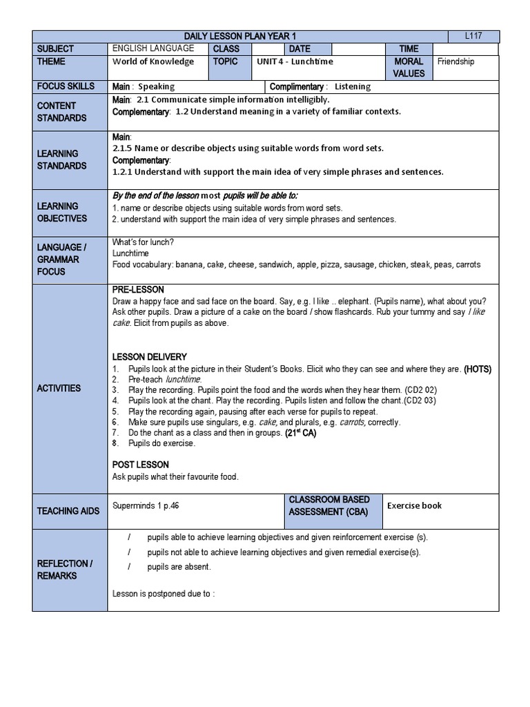 RPH BI D1 Lunchtime (L117-L120) | PDF | Learning | Lesson Plan