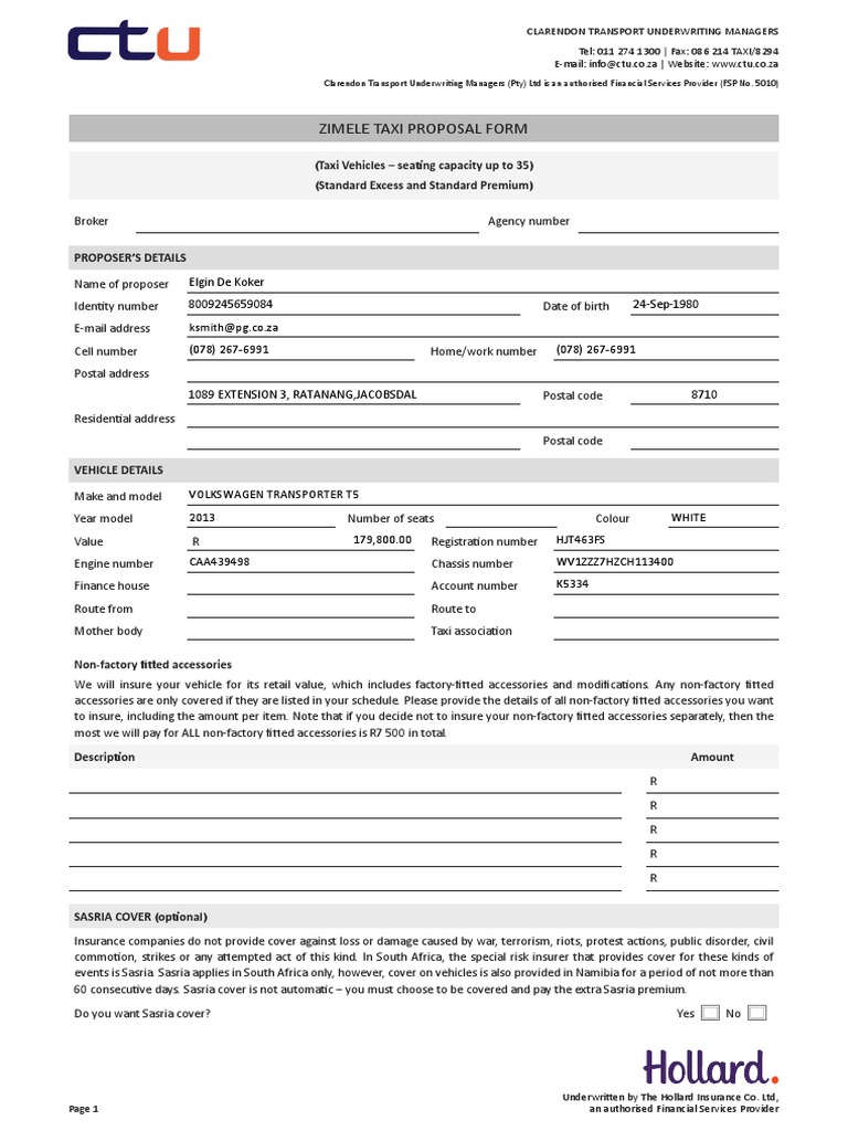 Clarendon Taxi Insurance Application Form | PDF | Insurance | Underwriting