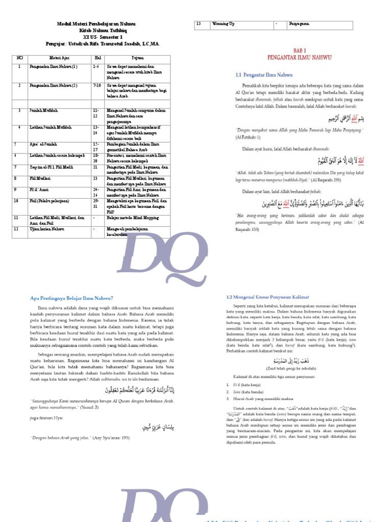 Modul Materi Ilmu Nahwu Kelas 11 | PDF