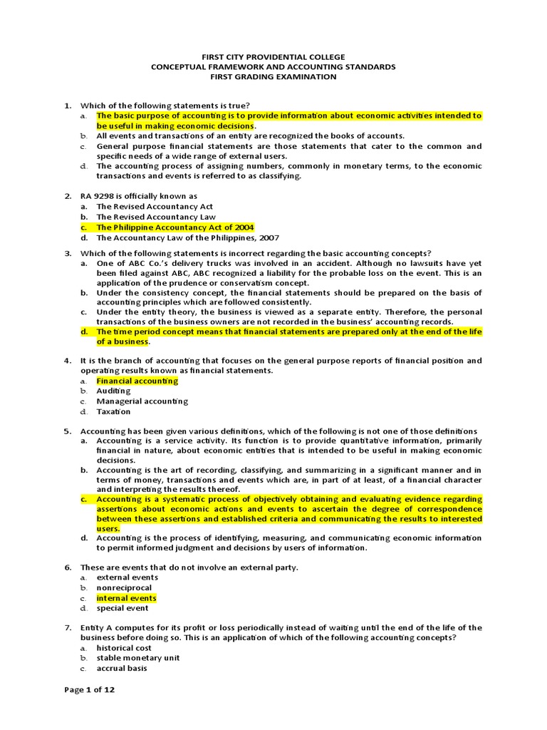 CFAS - Prelims Exam With Ans | PDF | Financial Statement | Accounting