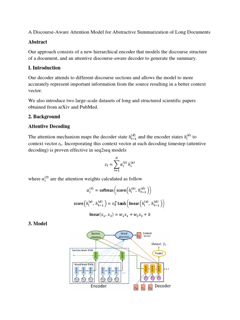 A Discourse Aware Attention Model For Abstractive Summarization Of Long Documents Summary