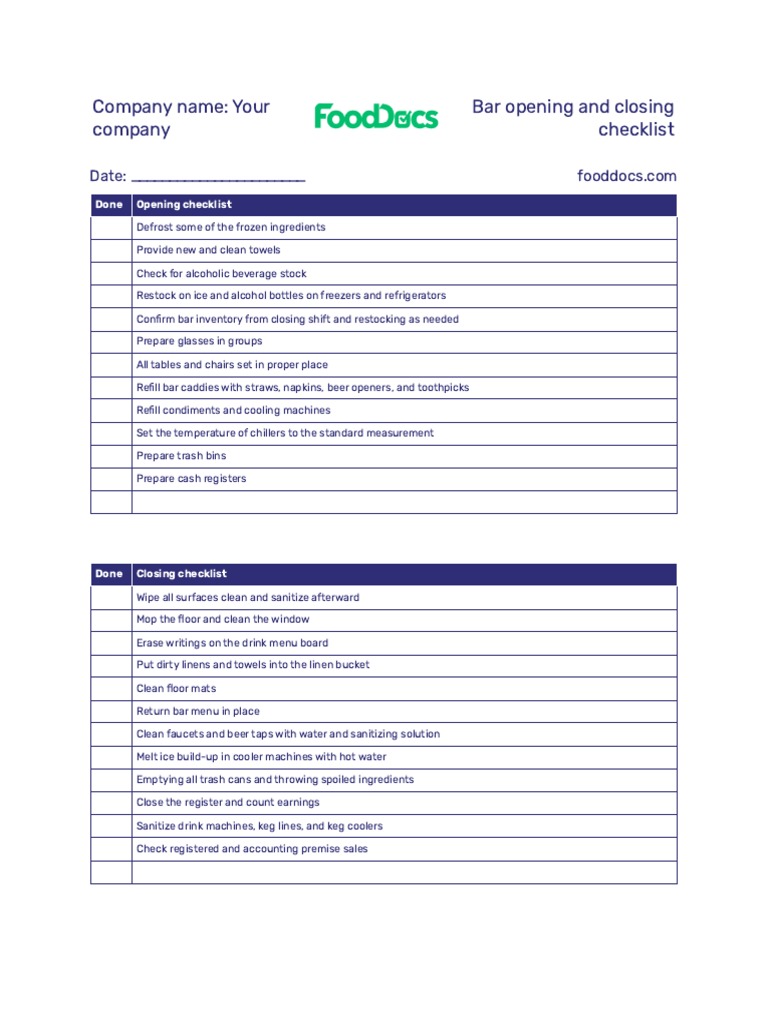 Fooddocs - Bar Opening and Closing Checklist | PDF