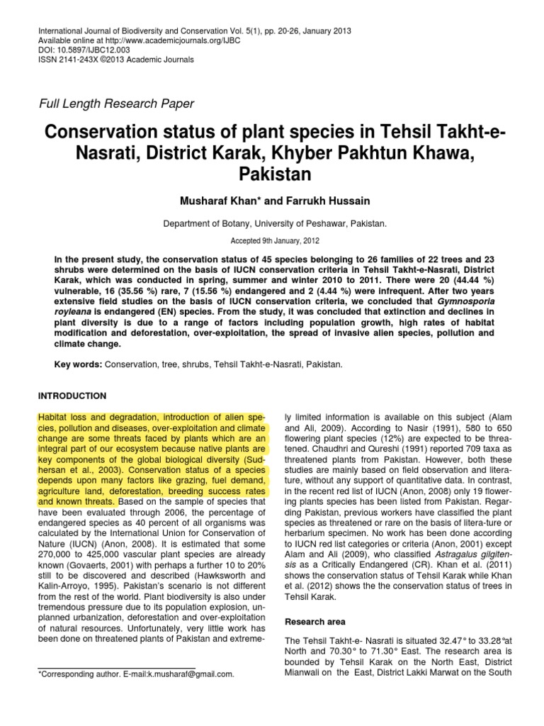 Conservation Status of Plant Species in Tehsil Takht-eNasrati, District Karak, Khyber Pakhtun ...