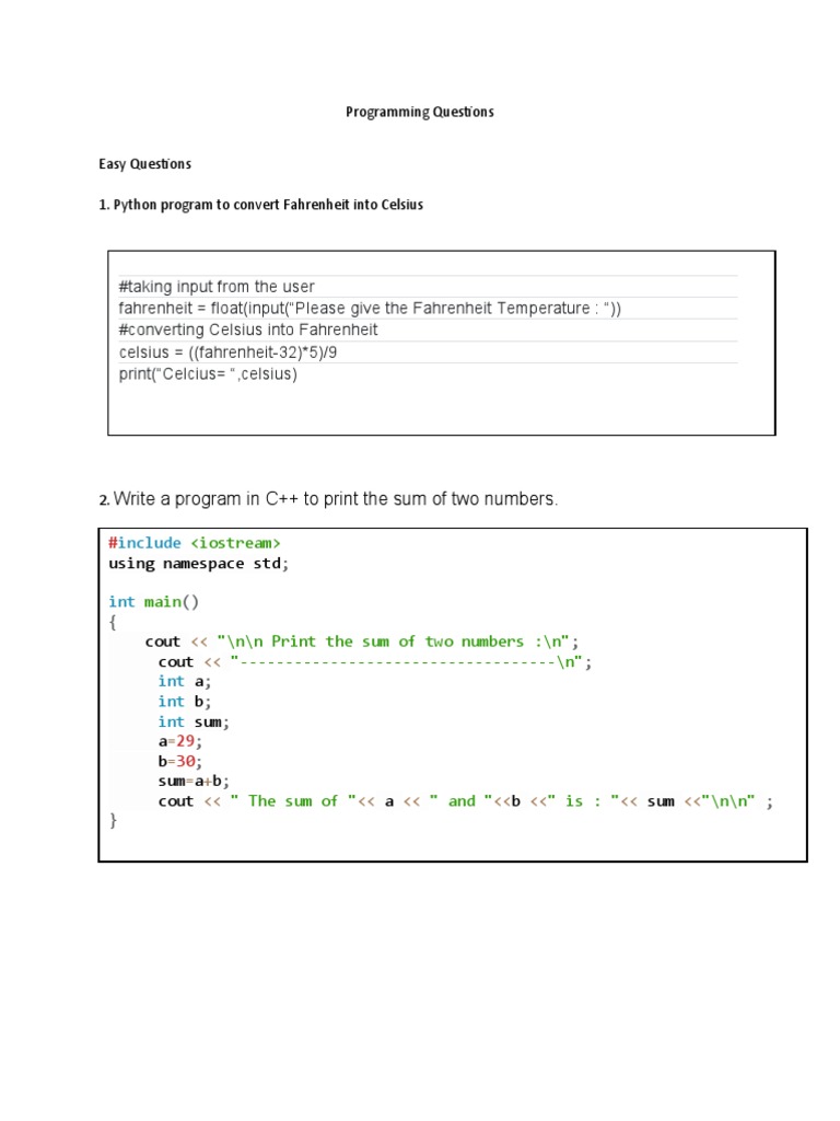 Programming Questions | PDF | Software Development | Object Oriented ... Programming Questions | PDF | Software Development | Object Oriented ...