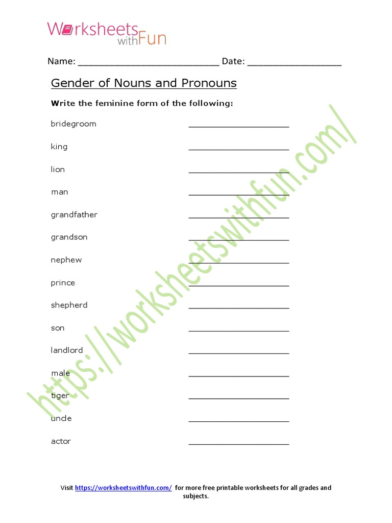 Gender of Nouns and Pronouns Worksheet 2 | PDF