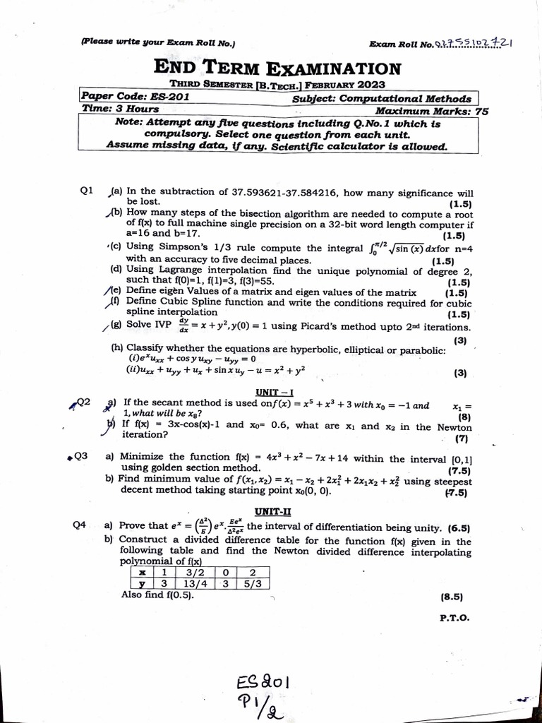 Ipjugaad - B Tech 3rd Sem Computational Methods Paper 2023 | PDF
