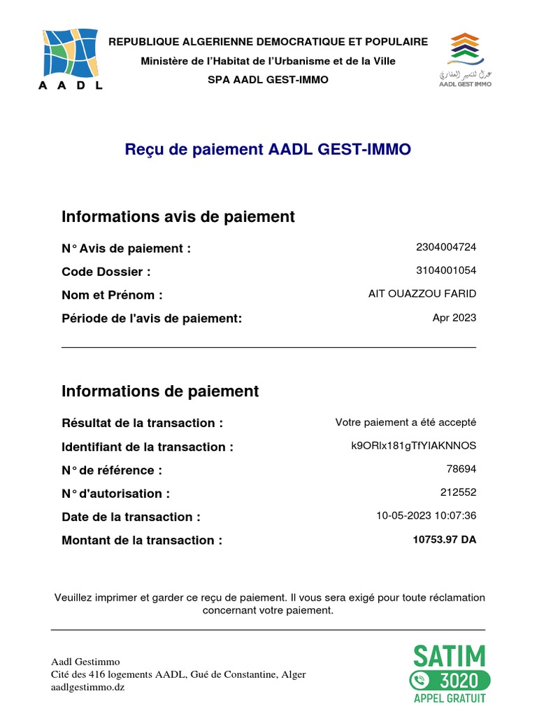 Reu de Paiement AADL GEST-IMMO 78694 | PDF