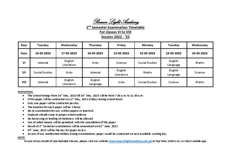 Beacon Light Academy: 2 Semester Examination Timetable For Classes VI To VIII Session 2022 - 23 ...