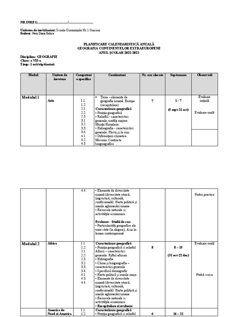 Planificare Clasa 7 Geografie | PDF