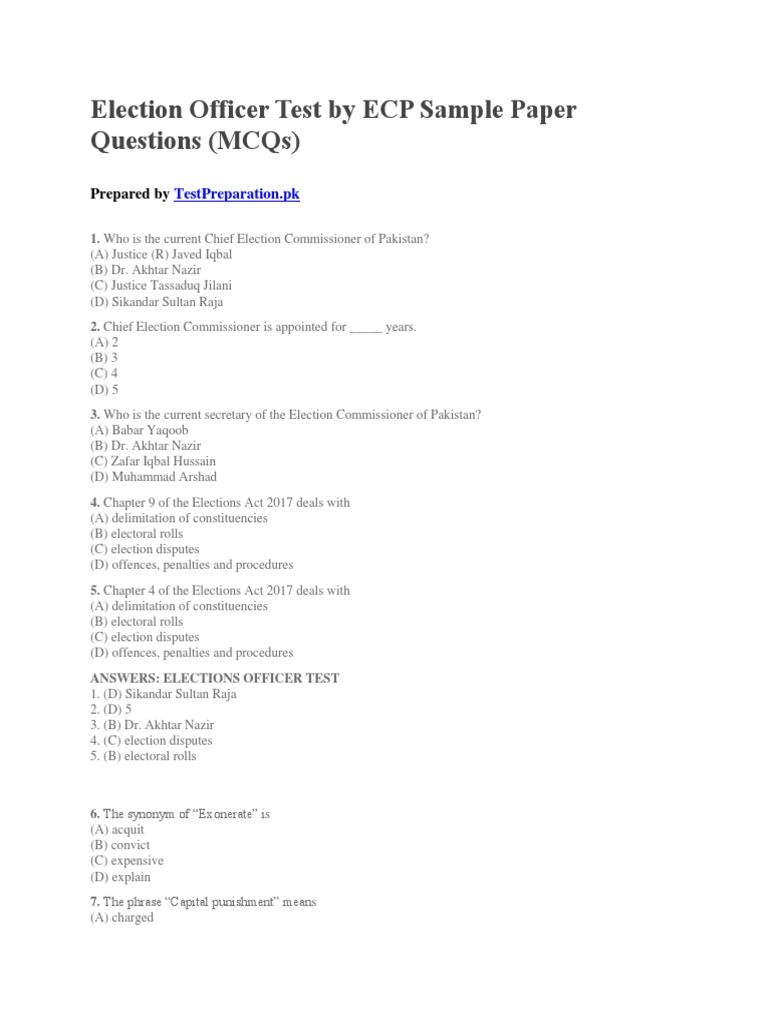 ECP Election Officer Test Sample Paper | PDF | Pakistan | Justice