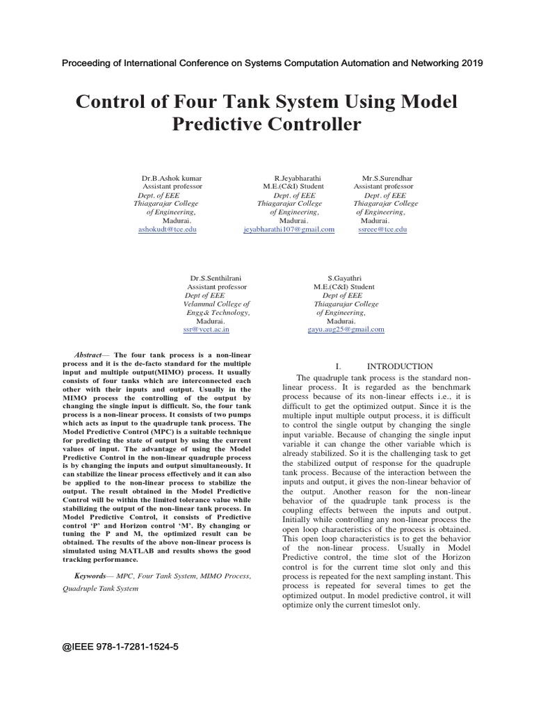 2019-Control of Four Tank System Using Model Predictive Controller | PDF | Mathematics | Mechanics