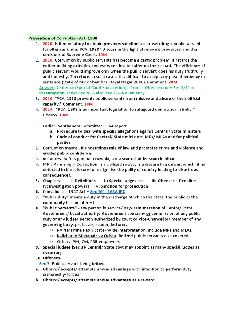 Prevention of Corruption Act - Notes | PDF | Bribery | Crimes