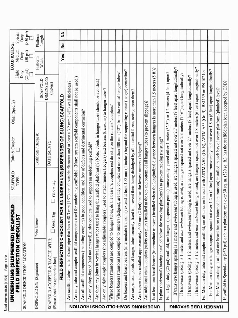 Underhung Suspended Scaffold Filed Inspection | PDF