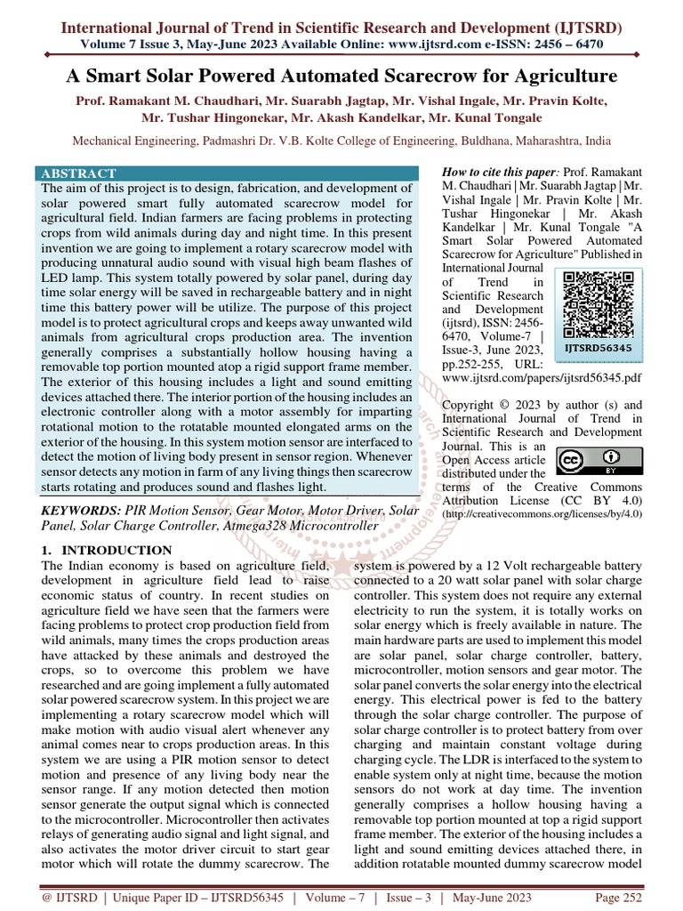 A Smart Solar Powered Automated Scarecrow For Agriculture | PDF ...