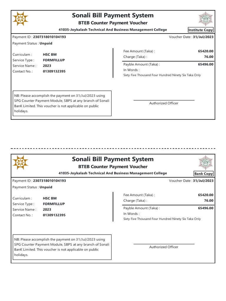 Sonali Bill Payment System: BTEB Counter Payment Voucher | PDF