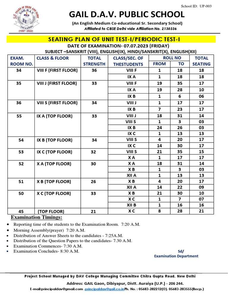 Seating Plan of U.T. - I-07 July 2023 | PDF | Educational Assessment ...