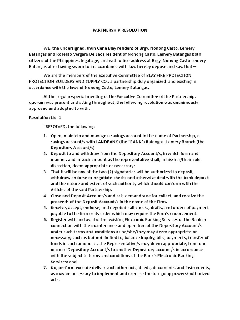 Partnership Resolution for Bank Account Management | PDF