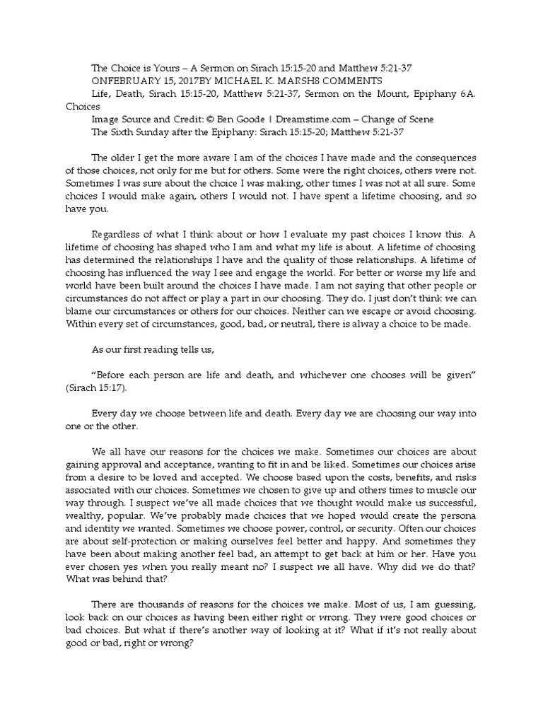 Choosing Life: A Sermon on Sirach 15 | PDF
