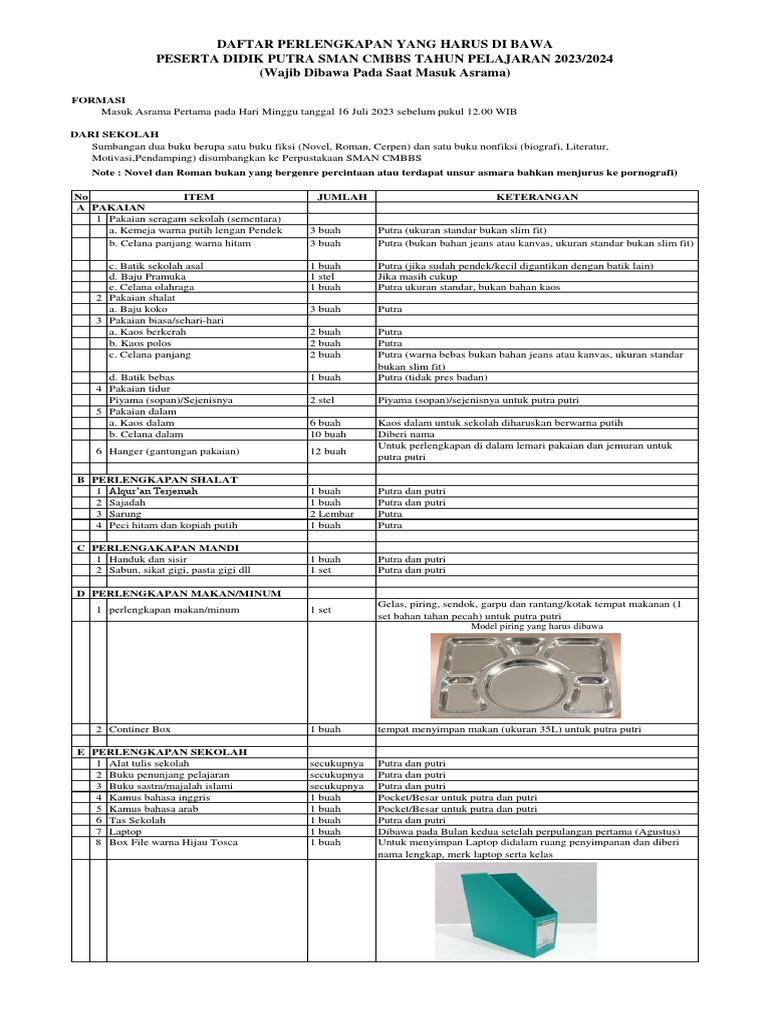 Barang Bawaan Siswa Baru - Putra | PDF