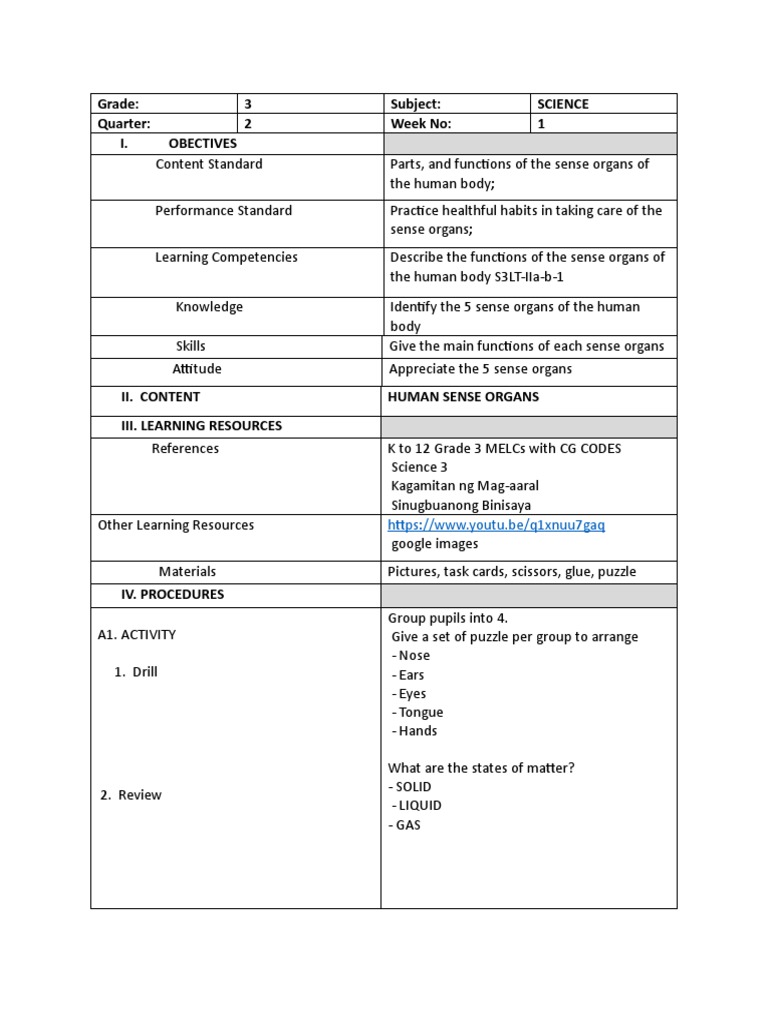 Grade 3 LP | PDF | Senses | Cognitive Science