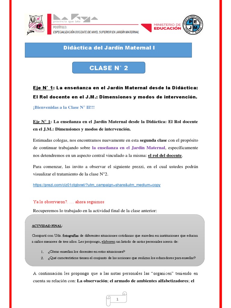 Clase N 2 El Rol Docente en El Jardin Maternal | PDF | Aprendizaje | Enseñando