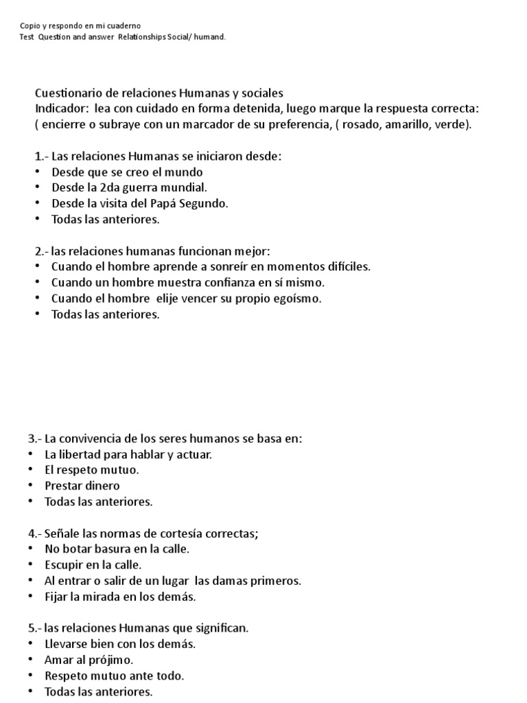 Test of Relatioship Humand Social Secundaria. | PDF