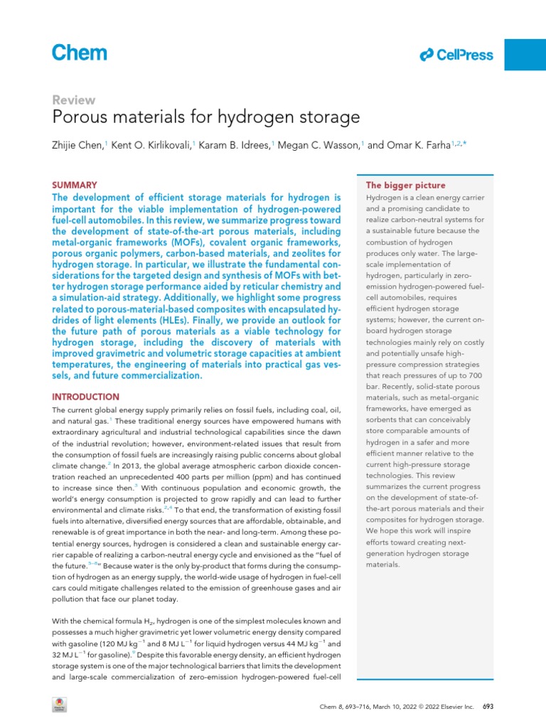 Advances in Porous Materials for Hydrogen Storage | PDF | Hydrogen ...