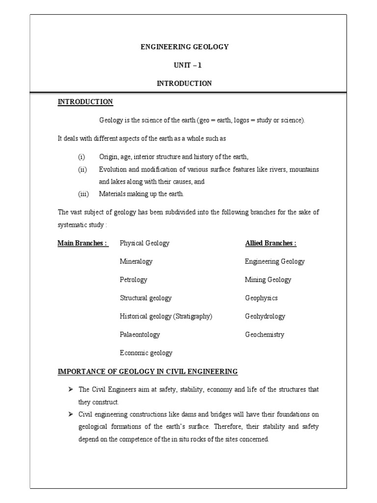 Unit I - Introduction To Engineering Geology | PDF