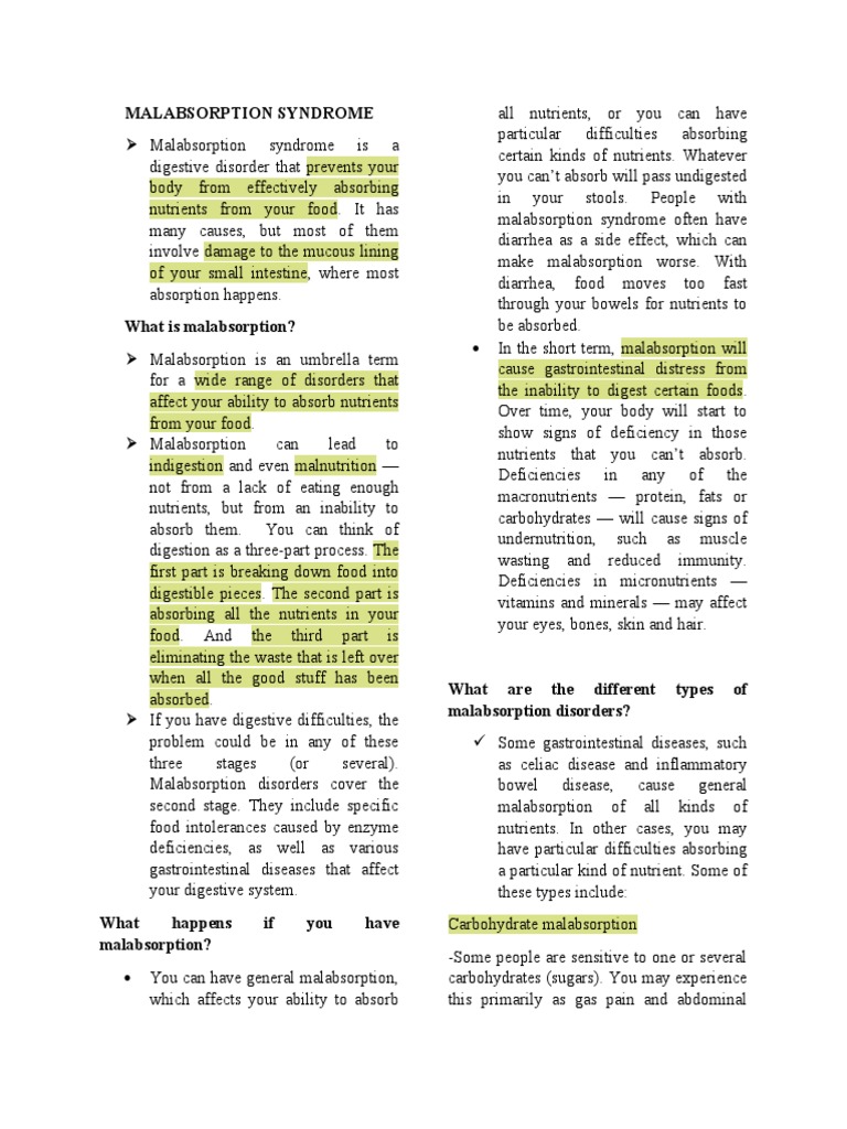Types of Malabsorption Syndromes | PDF