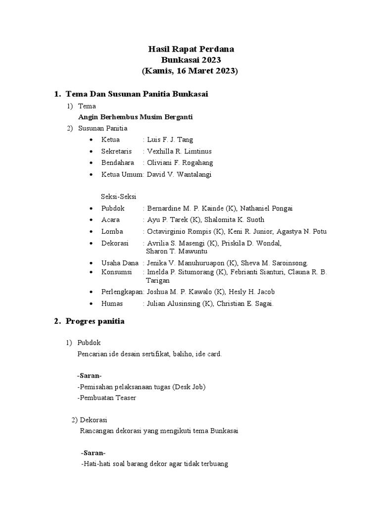 Hasil Rapat Bunkasai 16 Maret 2023 | PDF