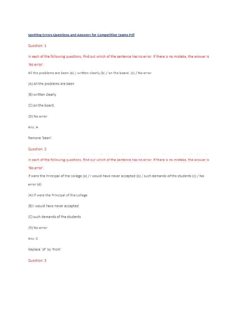 Spotting Errors Questions Competitive Exams | PDF