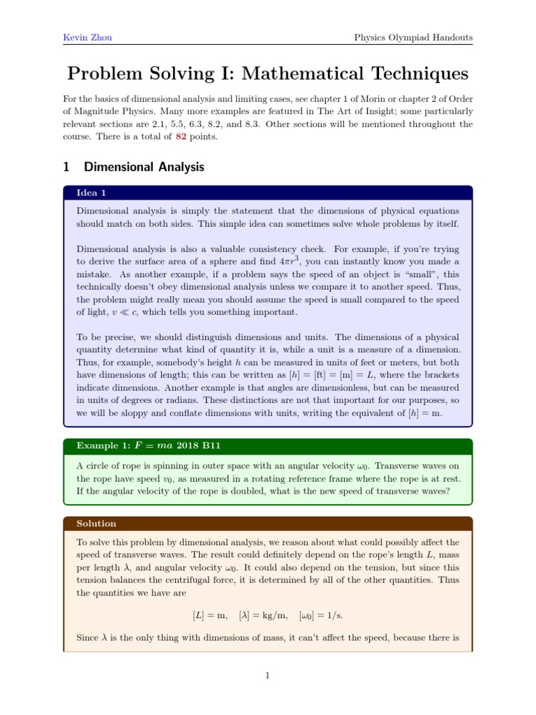 Problem Solving I: Mathematical Techniques: 1 Dimensional Analysis | PDF | Integral | Waves