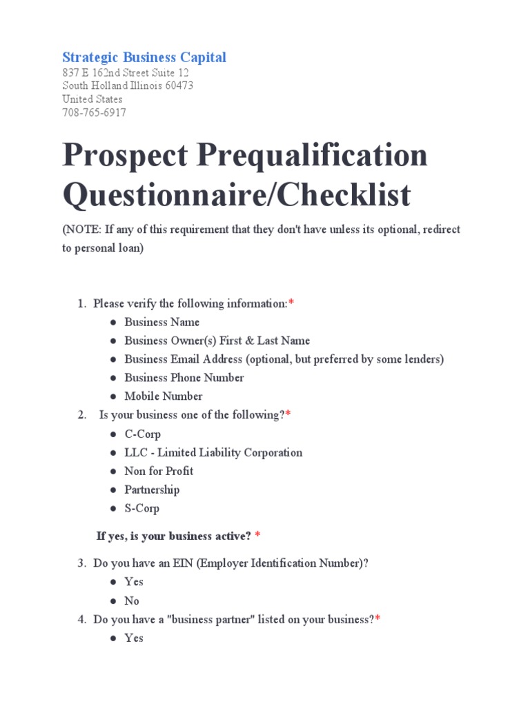 Prospect Prequalification Questionnaire - Checklist | PDF