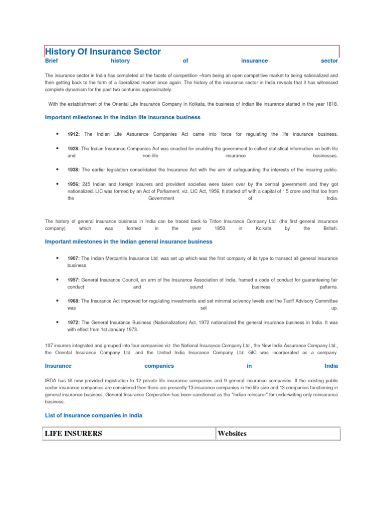 Brief History of Insurance Sector | PDF | Insurance | Financial Risk