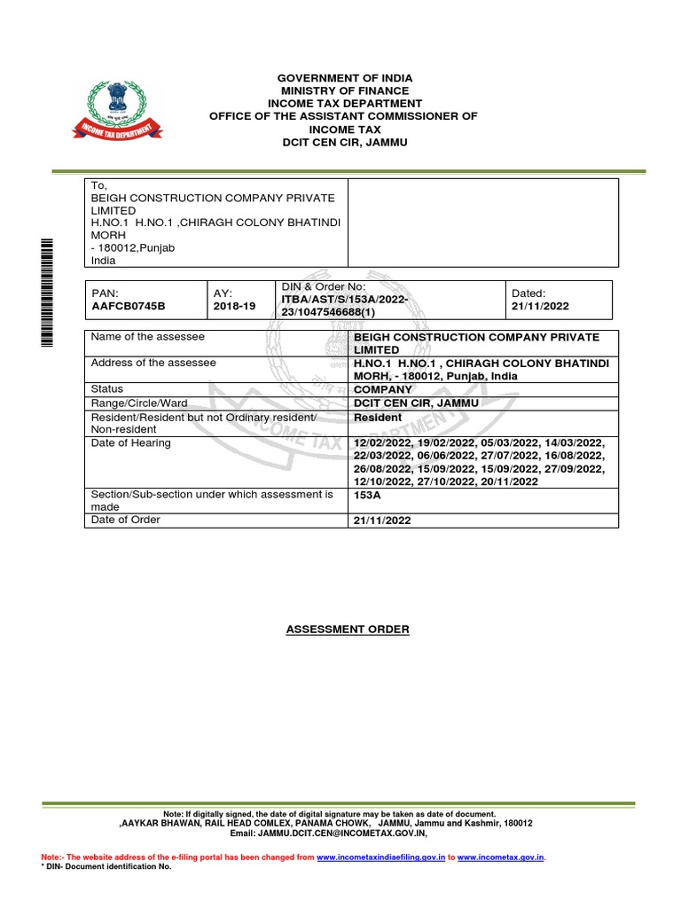 Tax Assessment for Beigh Construction | PDF