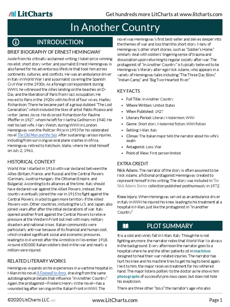 Hemingway's "In Another Country" Analysis | PDF