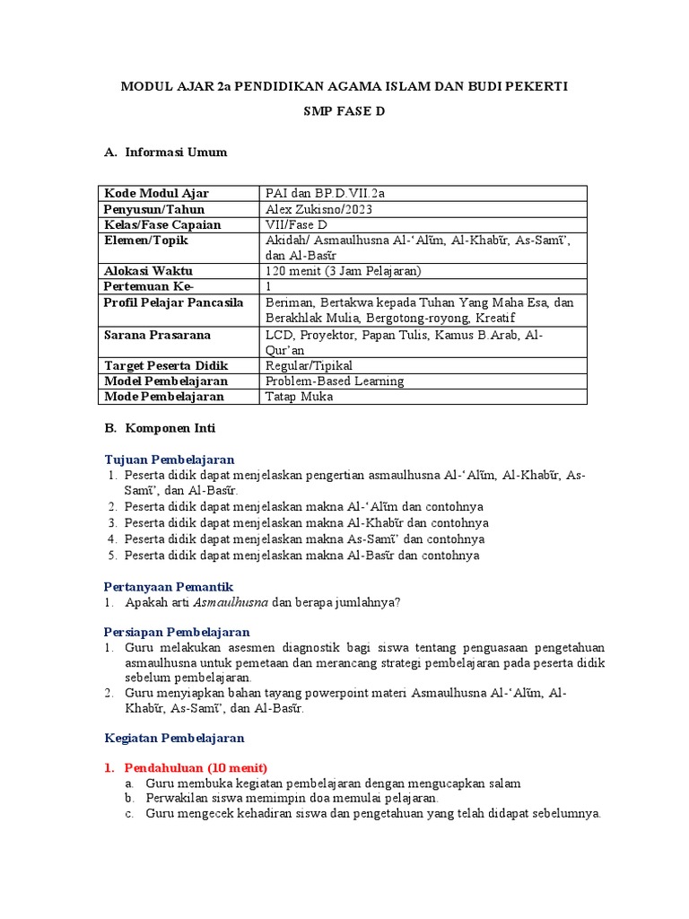 Modul Ajar Pai Dan BP SMP Kelas Vii Bab 2 | PDF