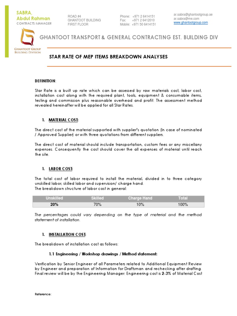 Star Rate Breakdown for MEP Items | PDF | Cost | Engineering