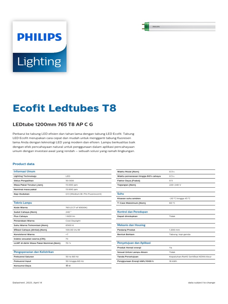 Tabung LED Ecofit T8 18W Philips | PDF