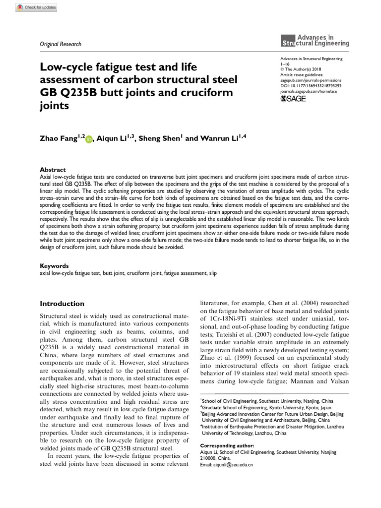Low Cycle Fatigue Test and Life Assessment of Carbon Structural Steel ...