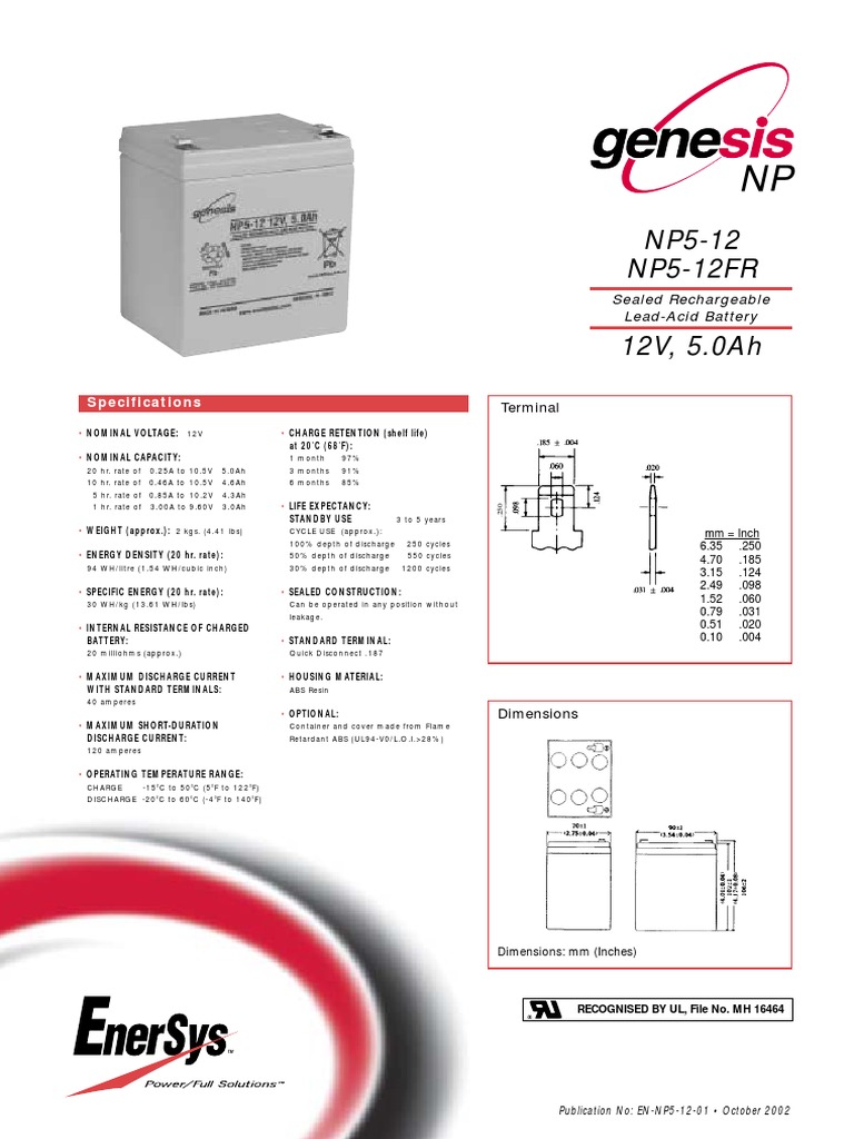 Genesis NP5-12 Data Sheet | PDF | Rechargeable Battery | Electricity