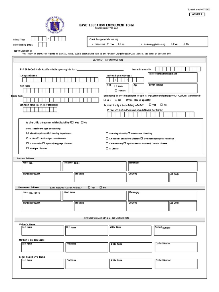 Annex Basic Education Enrollment Form | PDF