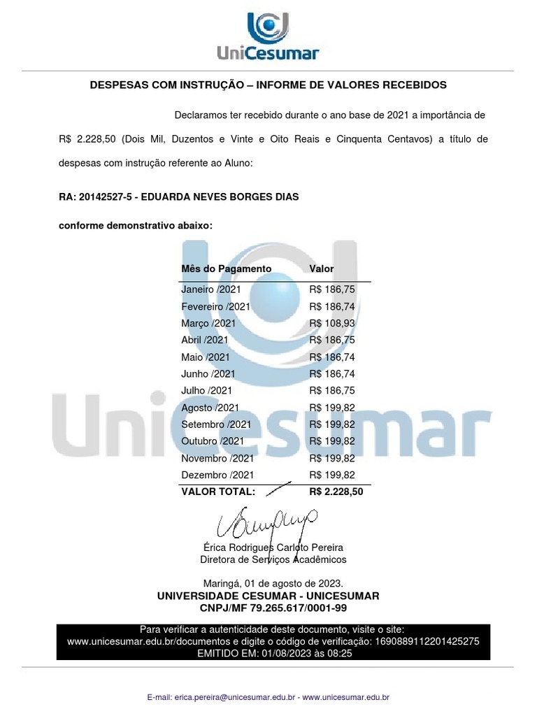 Declaracao Unicesumar | PDF