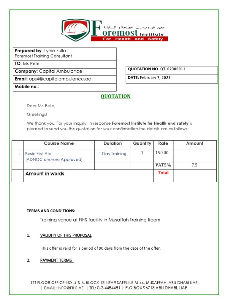 Quotation for Capital Ambulance Training | PDF
